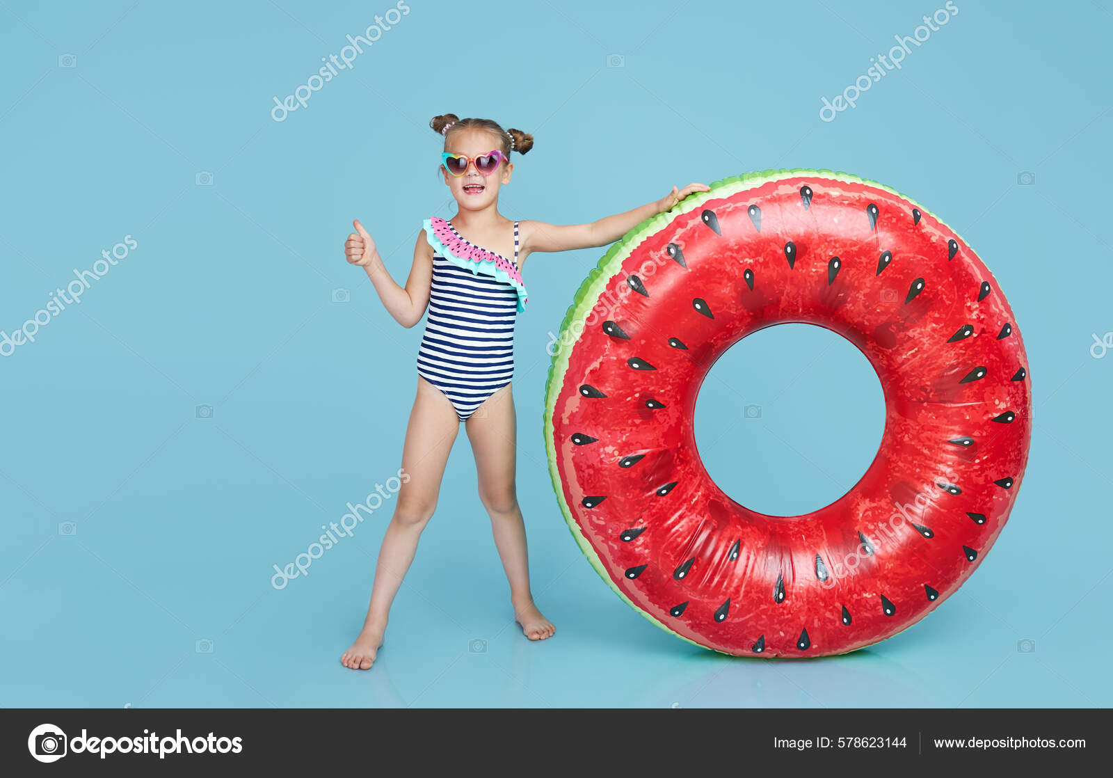 Cute Little Girl Inflatable Ring Watermelon Shape Blue Background Funny ...