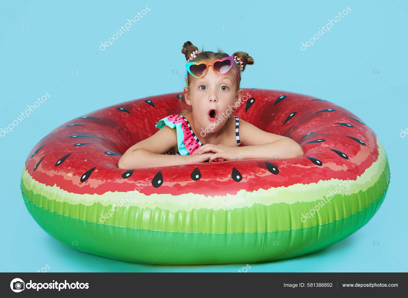 Cute Little Girl Inflatable Ring Watermelon Shape Blue Background Funny ...