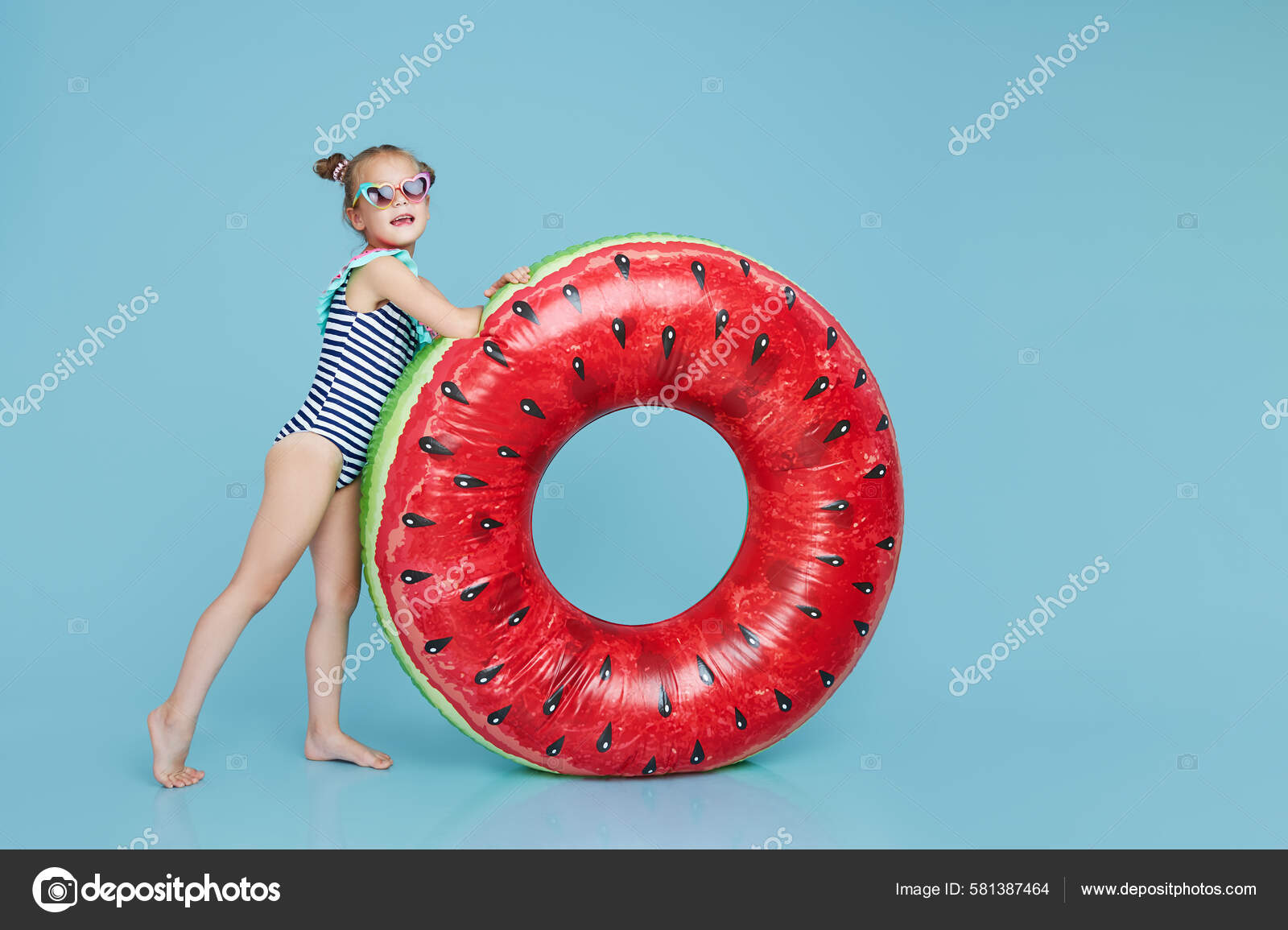 Cute Little Girl Inflatable Ring Watermelon Shape Blue Background Funny ...