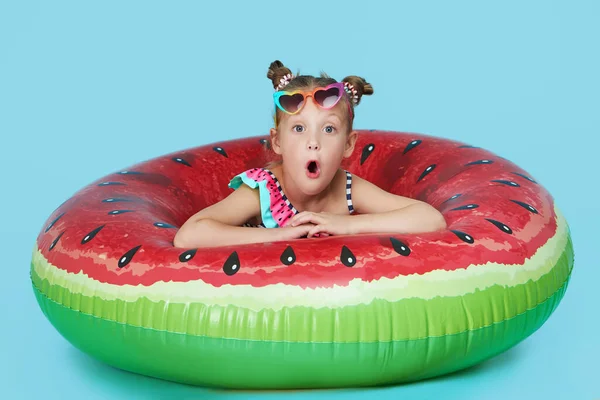Cute Little Girl Inflatable Ring Watermelon Shape Blue Background Funny ...