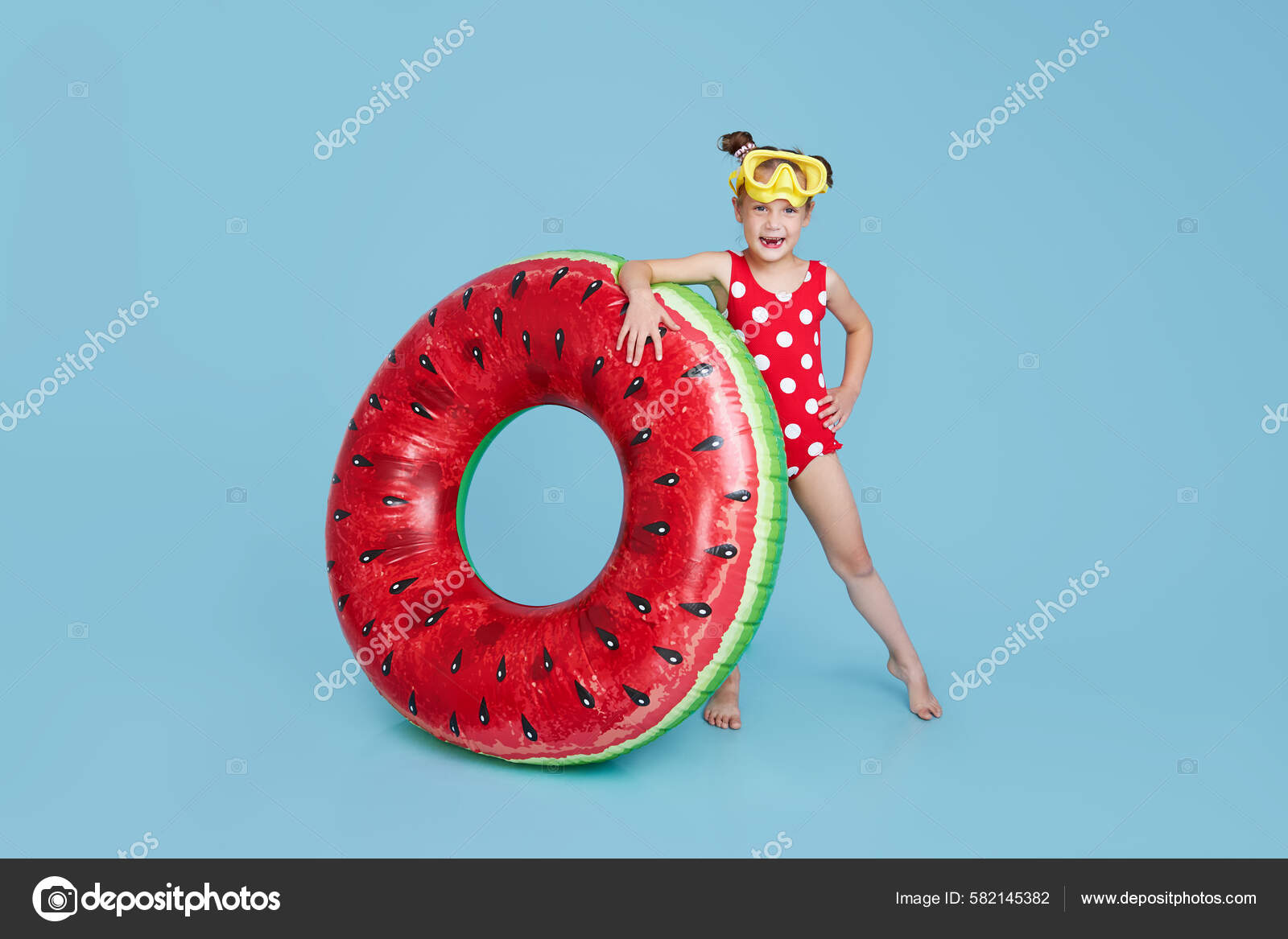 Cute Little Girl Inflatable Ring Watermelon Shape Blue Background Funny ...