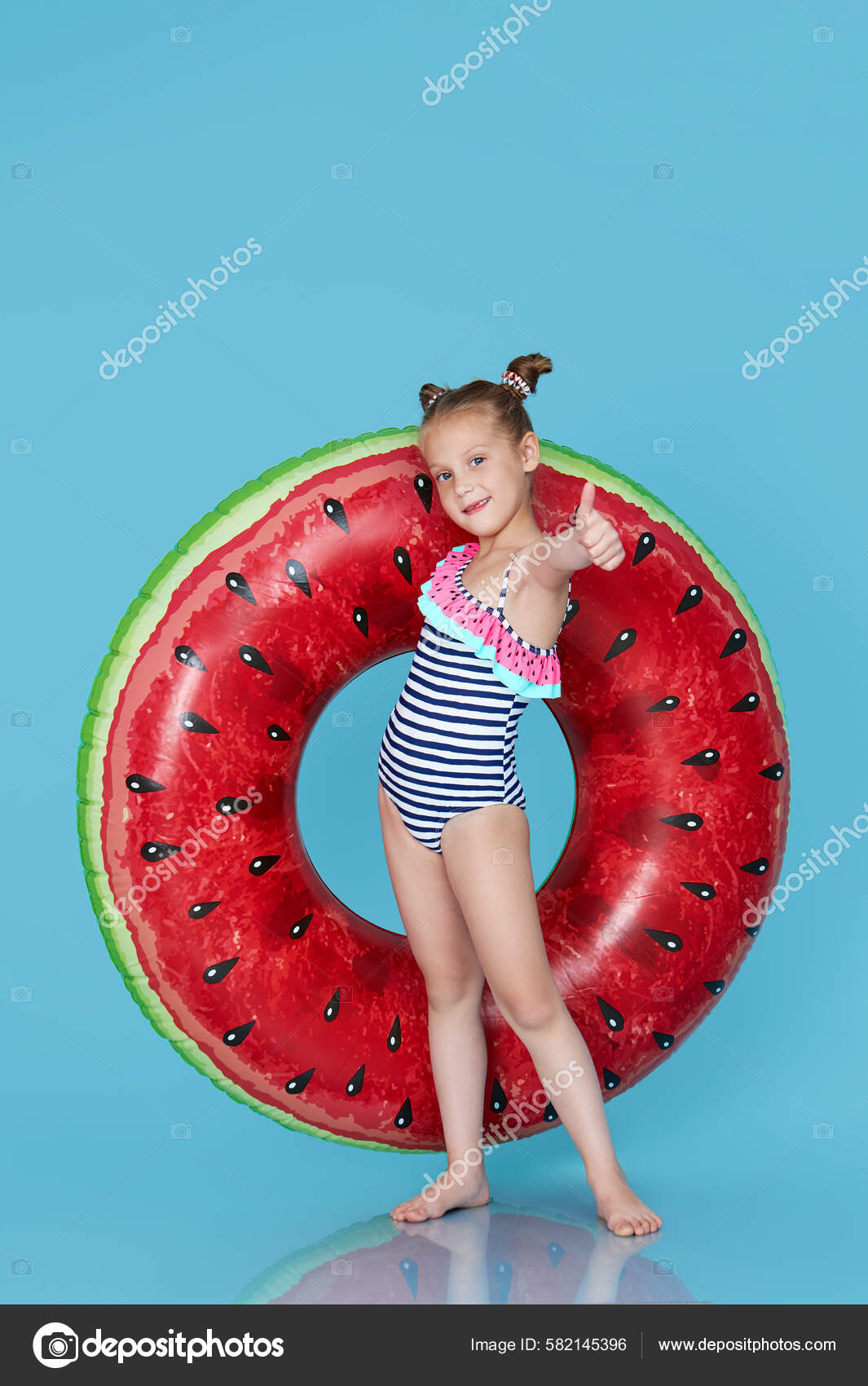 Cute Little Girl Inflatable Ring Watermelon Shape Blue Background Funny ...