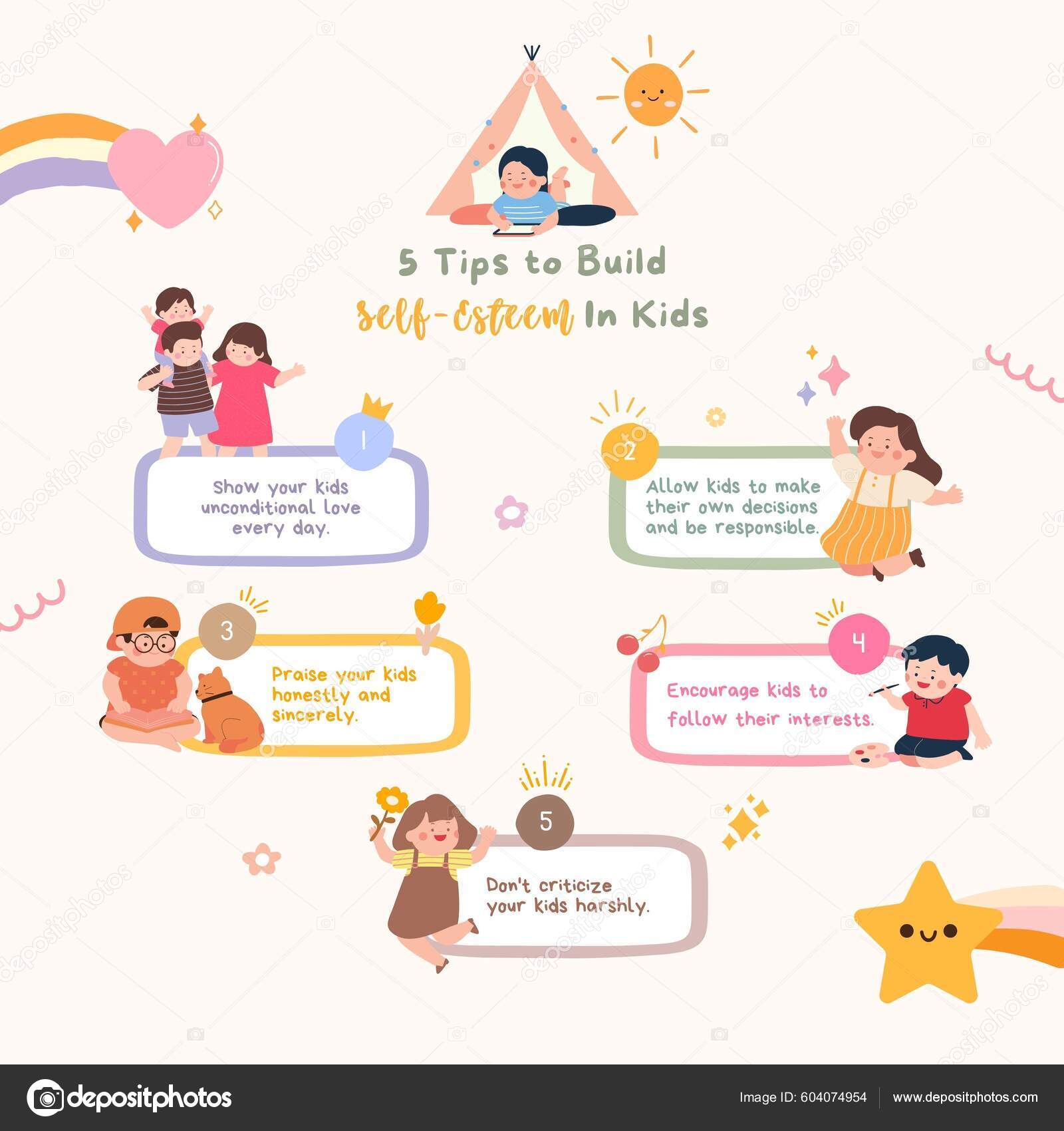 Beige Colorful Cute Kawaii Parenting Tips Build Self Esteem Kids Stock ...