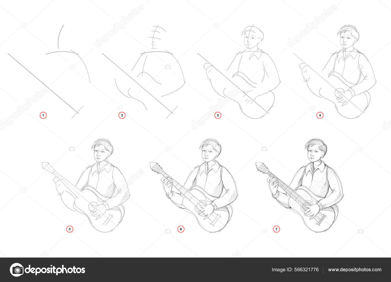 Page Shows How Learn Draw Sketch Boy Playing Guitar Creation Stock ...