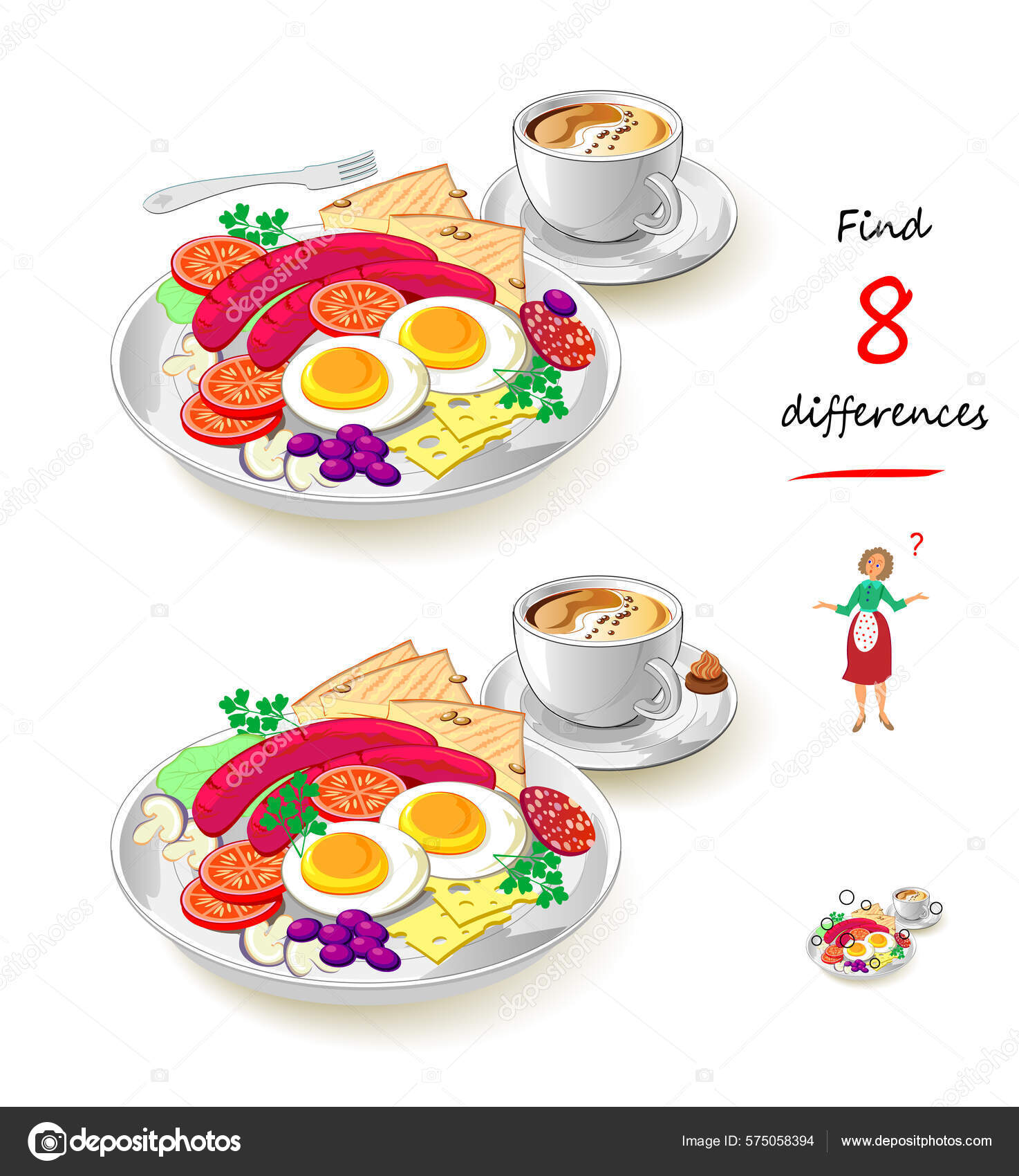 Find Differences Illustration Tasty English Breakfast Logic Puzzle Game ...
