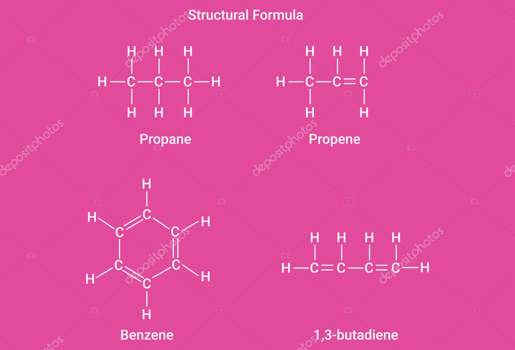Fórmula estructural completa: propano, propeno, benceno y 1,3 butadieno ...