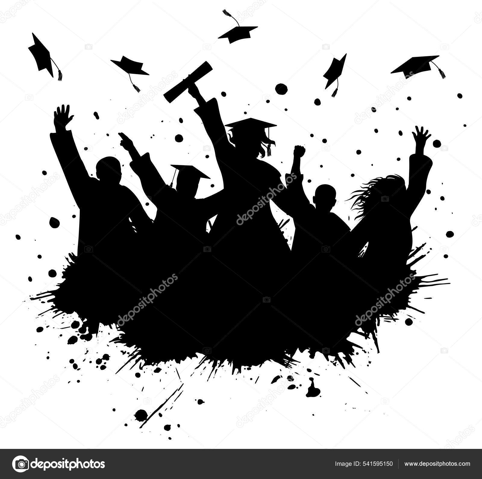 Silhouette Happy Graduate Students Graduating Caps Grunge Splash Vector ...