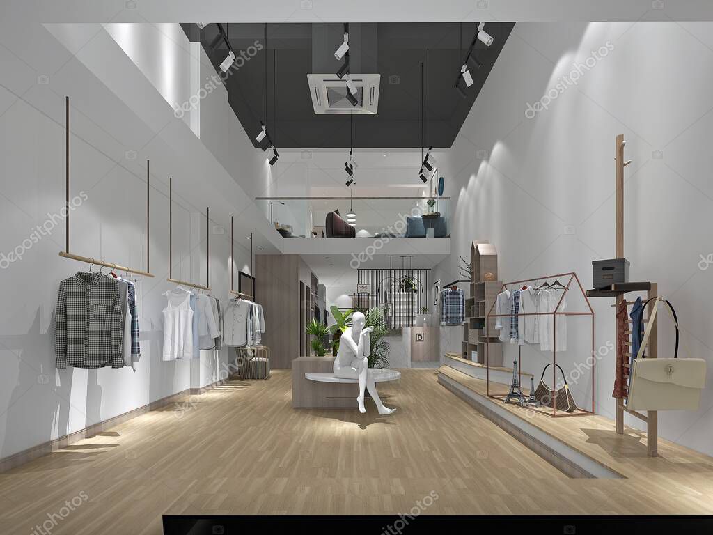 Renderizados de decoración de tiendas de ropa modernas y áreas de ...