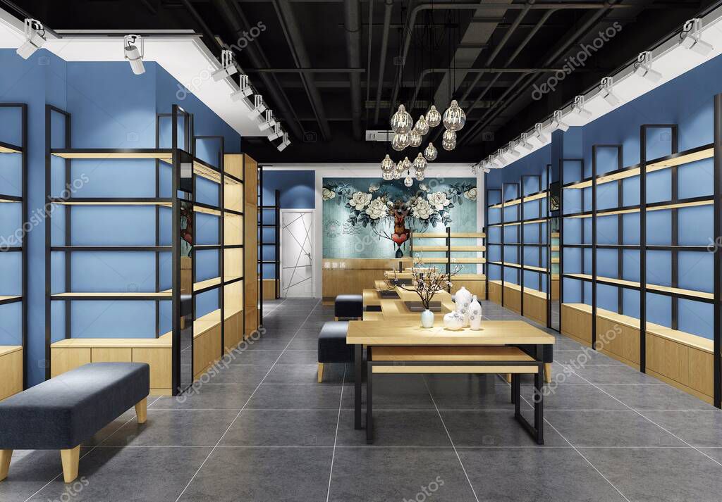 Renderizados de decoración de tiendas de ropa modernas y áreas de ...