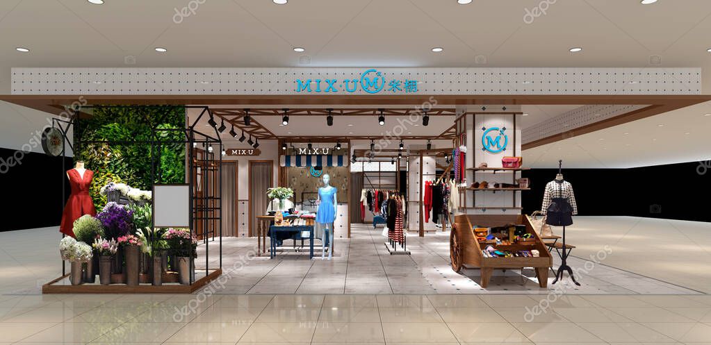 Renderizados de decoración de tiendas de ropa modernas y áreas de ...