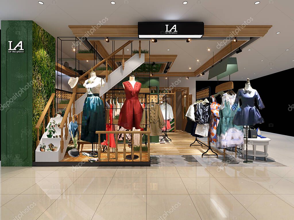 Renderizados de decoración de tiendas de ropa modernas y áreas de ...