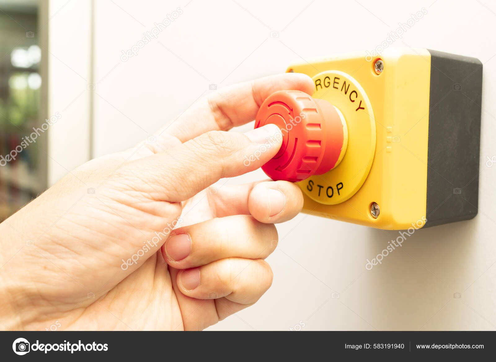 Stop Button Hand Worker Press Emergency Stop Button Big Red — Stock ...