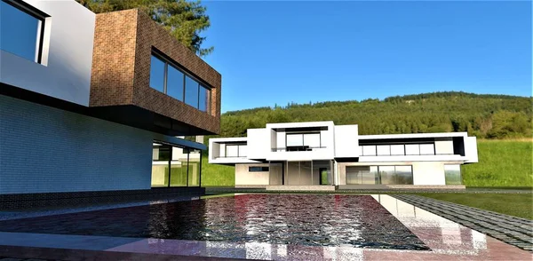 Swimming pool surface in front of a luxury building. 3d render. Can be ...