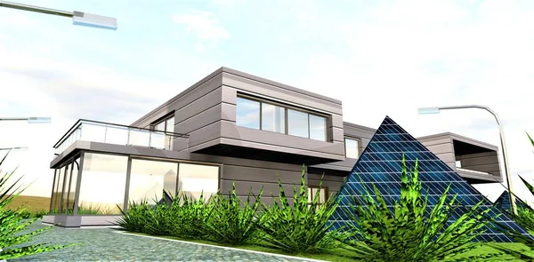 Pyramid with faces made of photovoltaic panels. It is a solar power ...