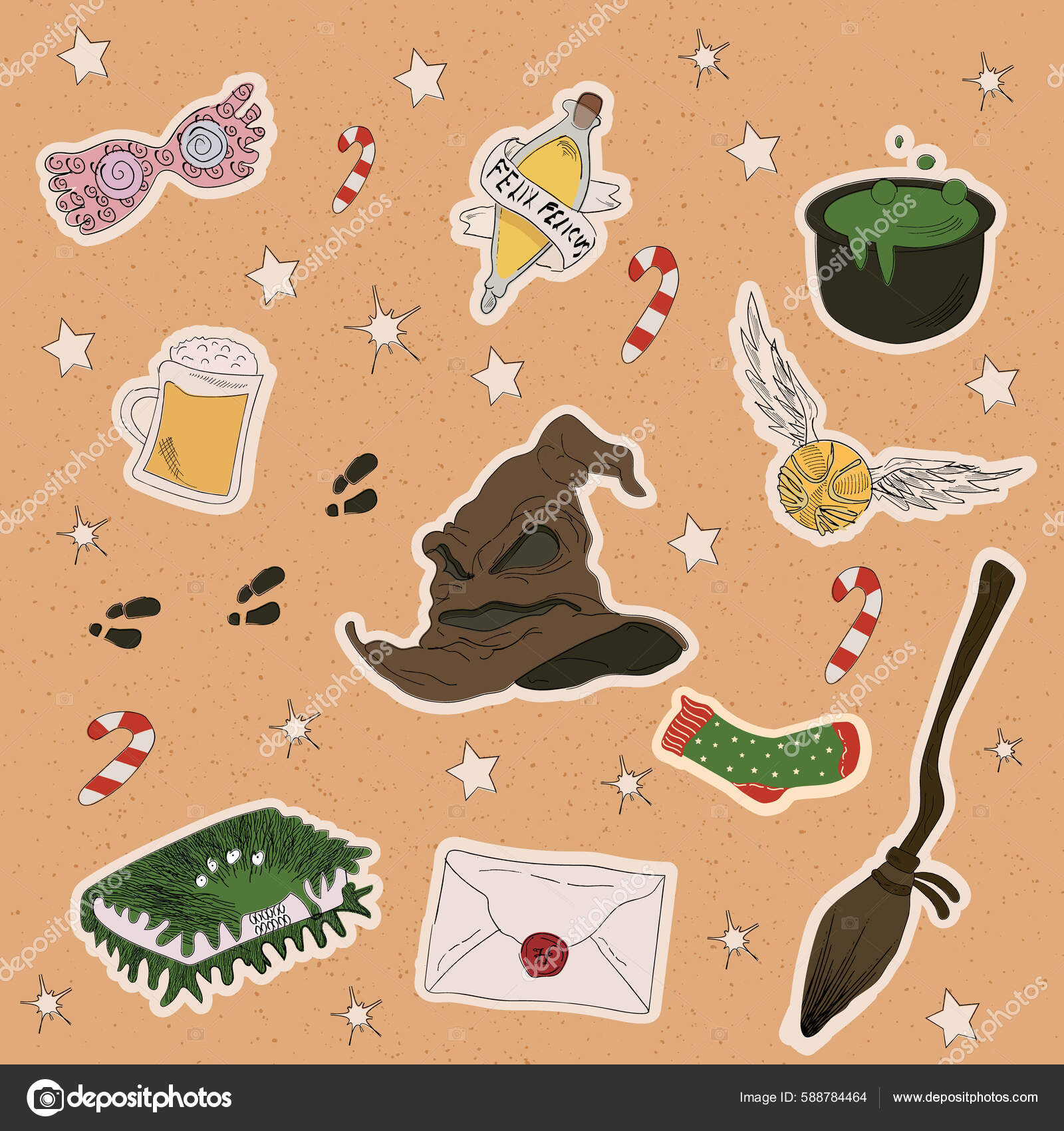 Stickers Movie Harry Potter Hat Broom Snitch Potion Cauldron Butterbeer ...