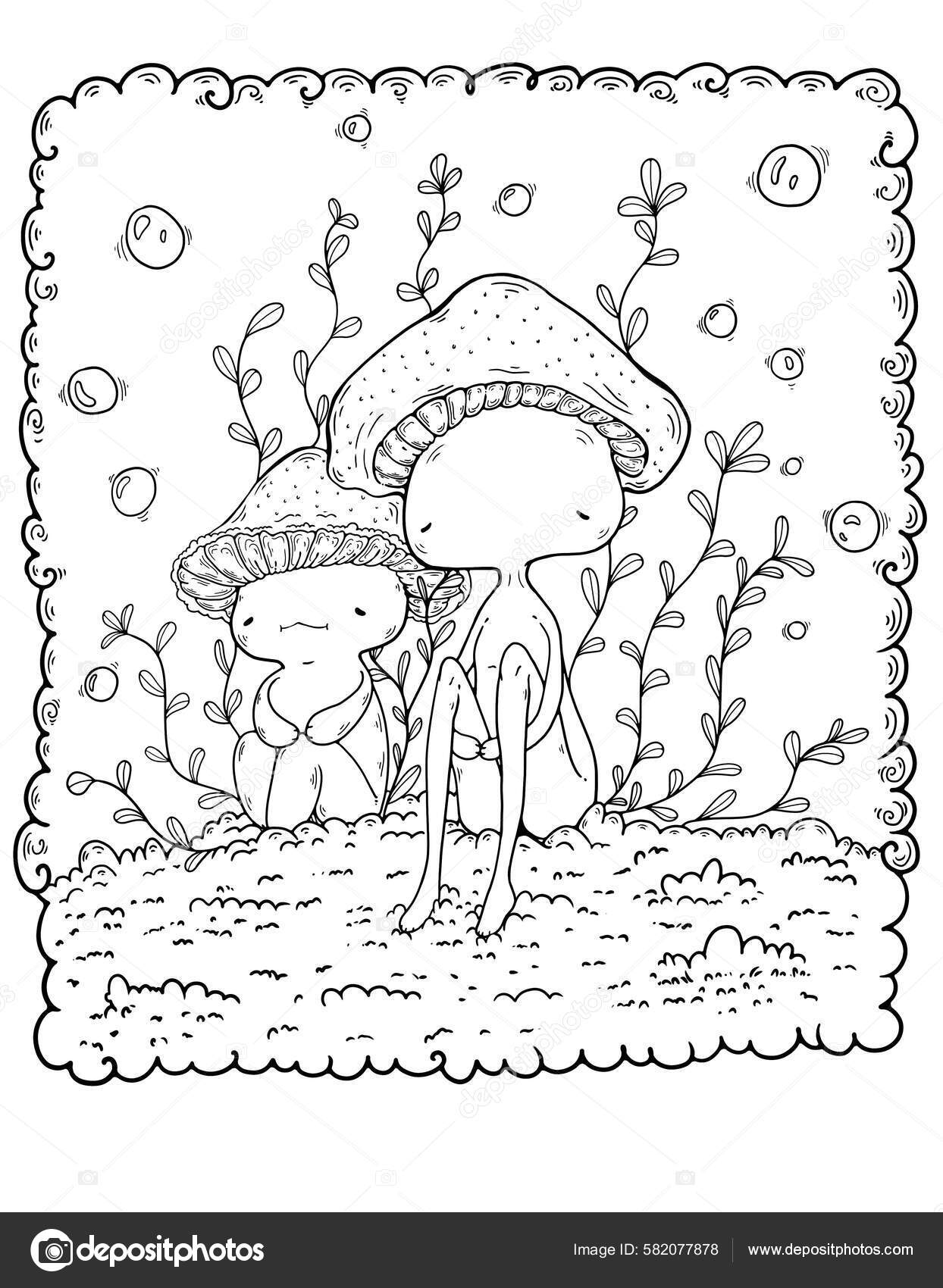 Stok Ilustrasi Jamur Halaman Pewarnaan Antistres Halaman Pewarnaan Cute ...