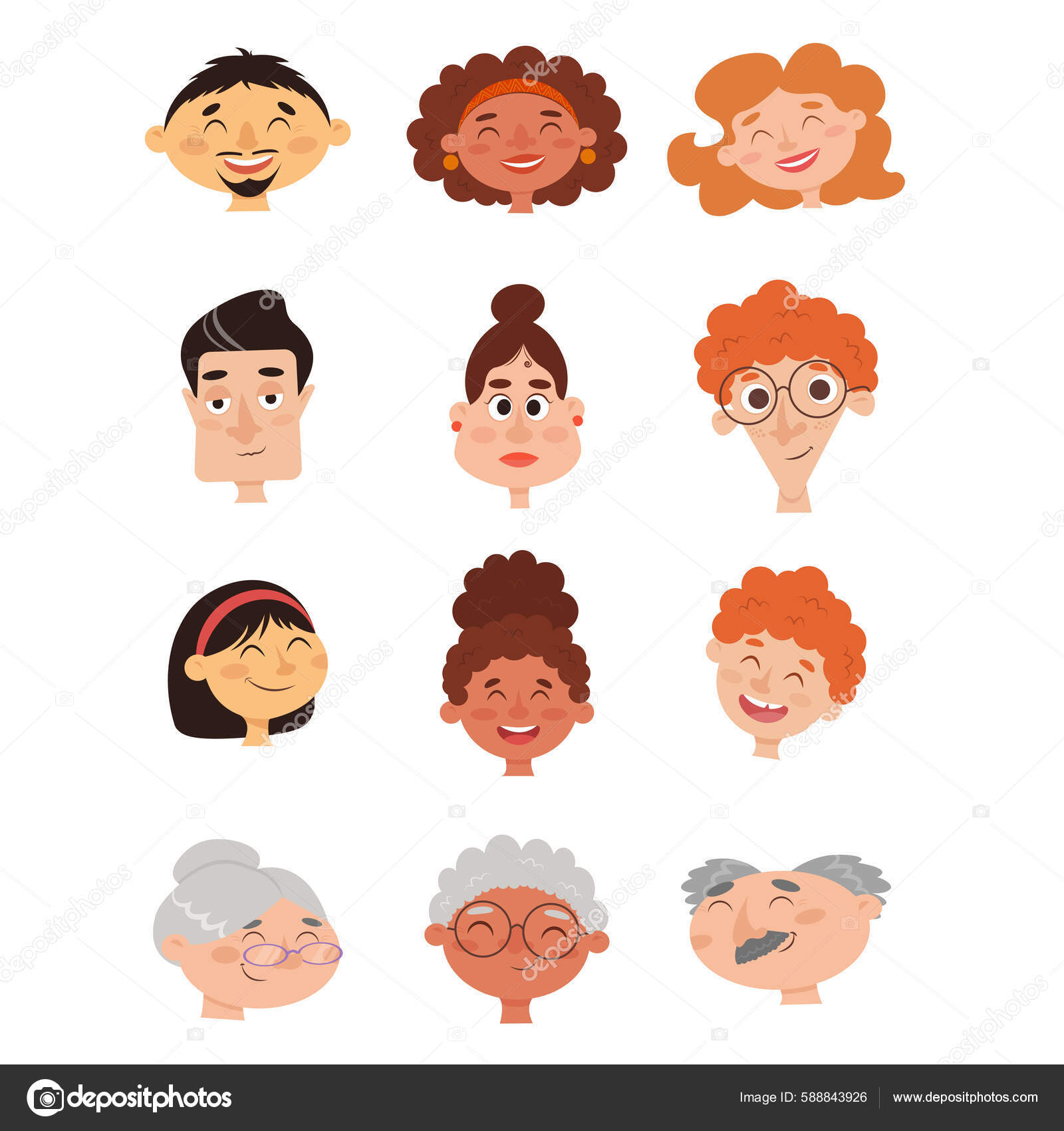 Human Faces Different Nationalities Cartoon Style Isolated White ...