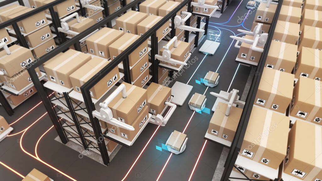 Warehouse Management Automated Robotics Transport Vehicle Uses Robotic Arm Robots — Stok Foto ...