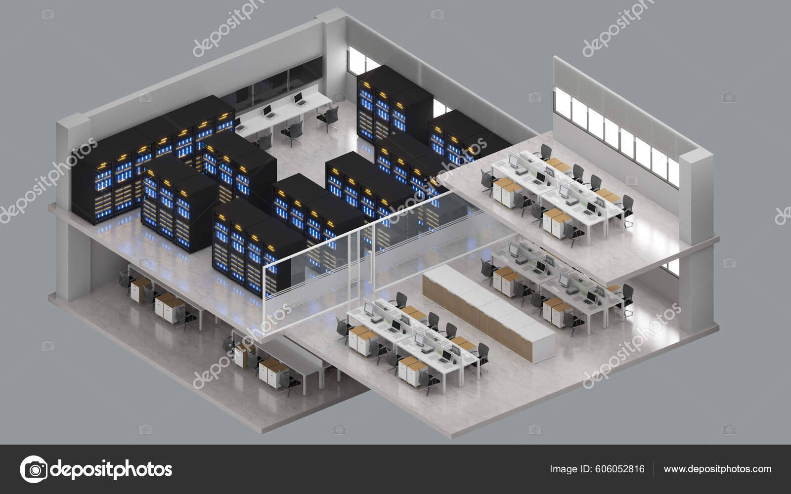 Isometric View Office Space Large Server Room Data Center Multiple ...