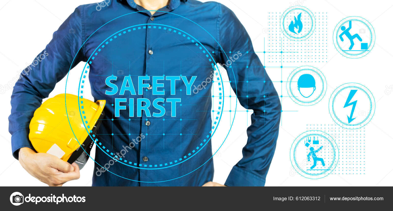 Engineer Blue Shirt Helmet White Background Safety First — Stock Photo ...