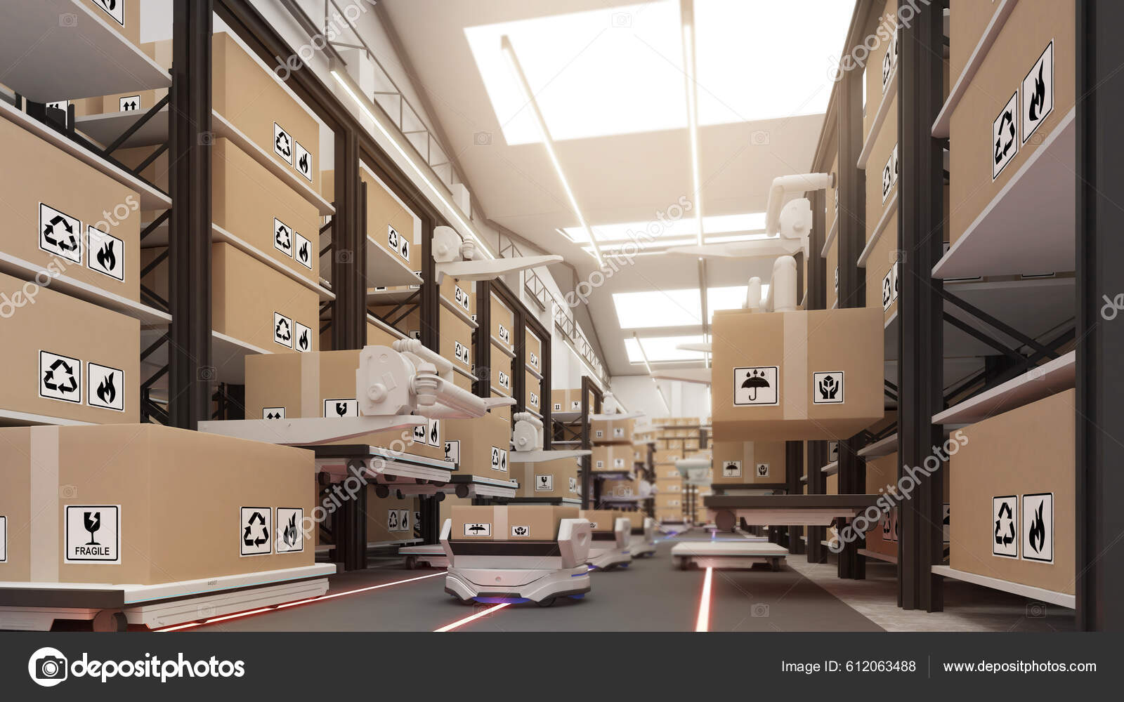 Warehouse Management Automated Robotics Transport Vehicle Uses Robotic Arm Robots — Photo de ...