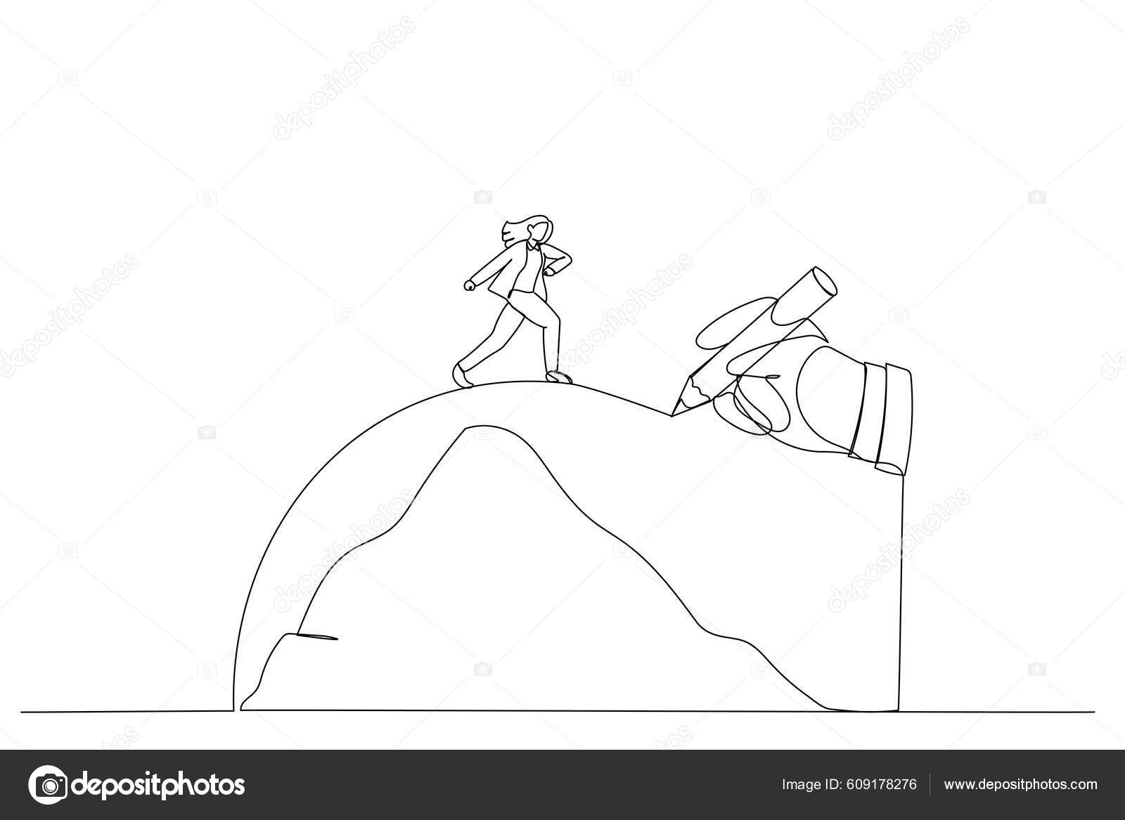 Drawing Giant Hand Draws Path Help Businesswoman Cross Mountains ...