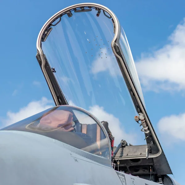 Open canopy of F-18 Hornet fighter jet aircraft 2024