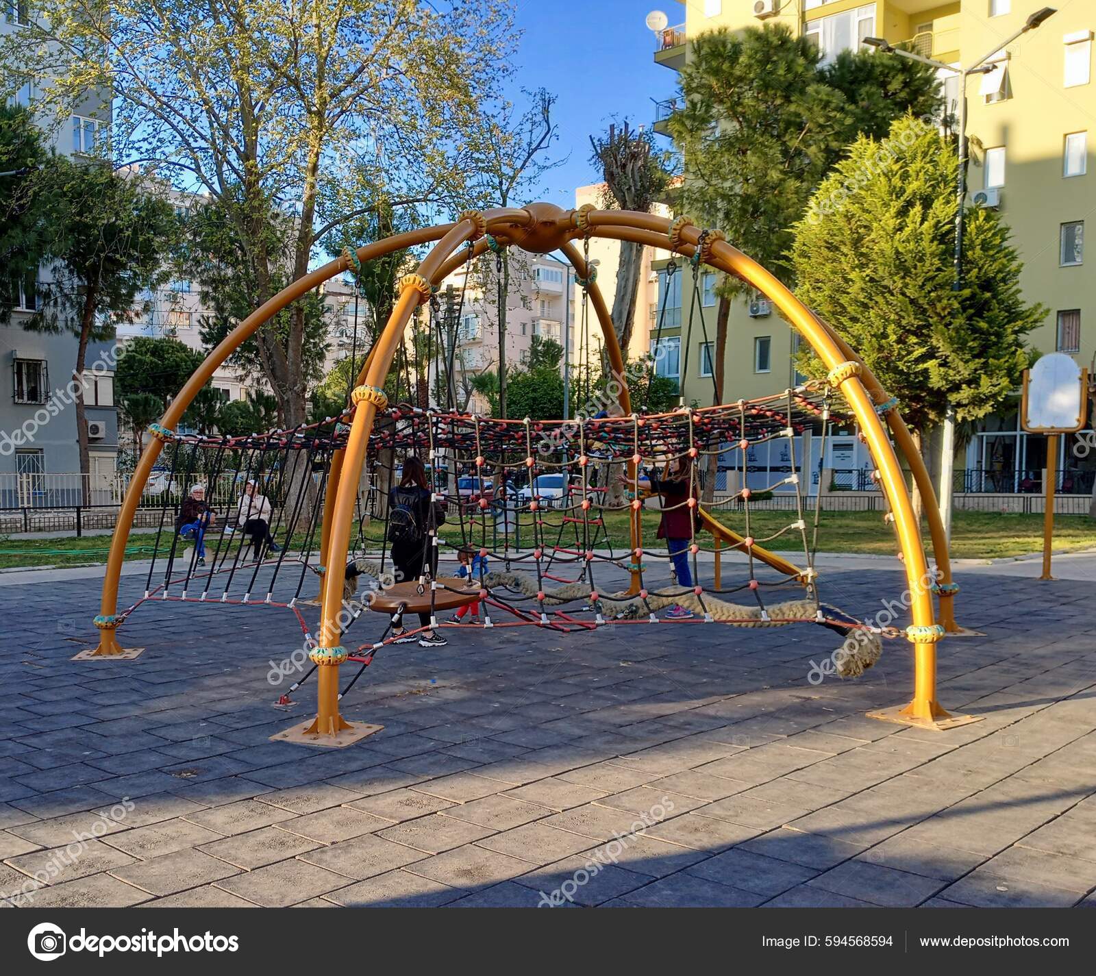 Outdoor Playground Climbing Area Two Old Men Sitting Bench Children ...