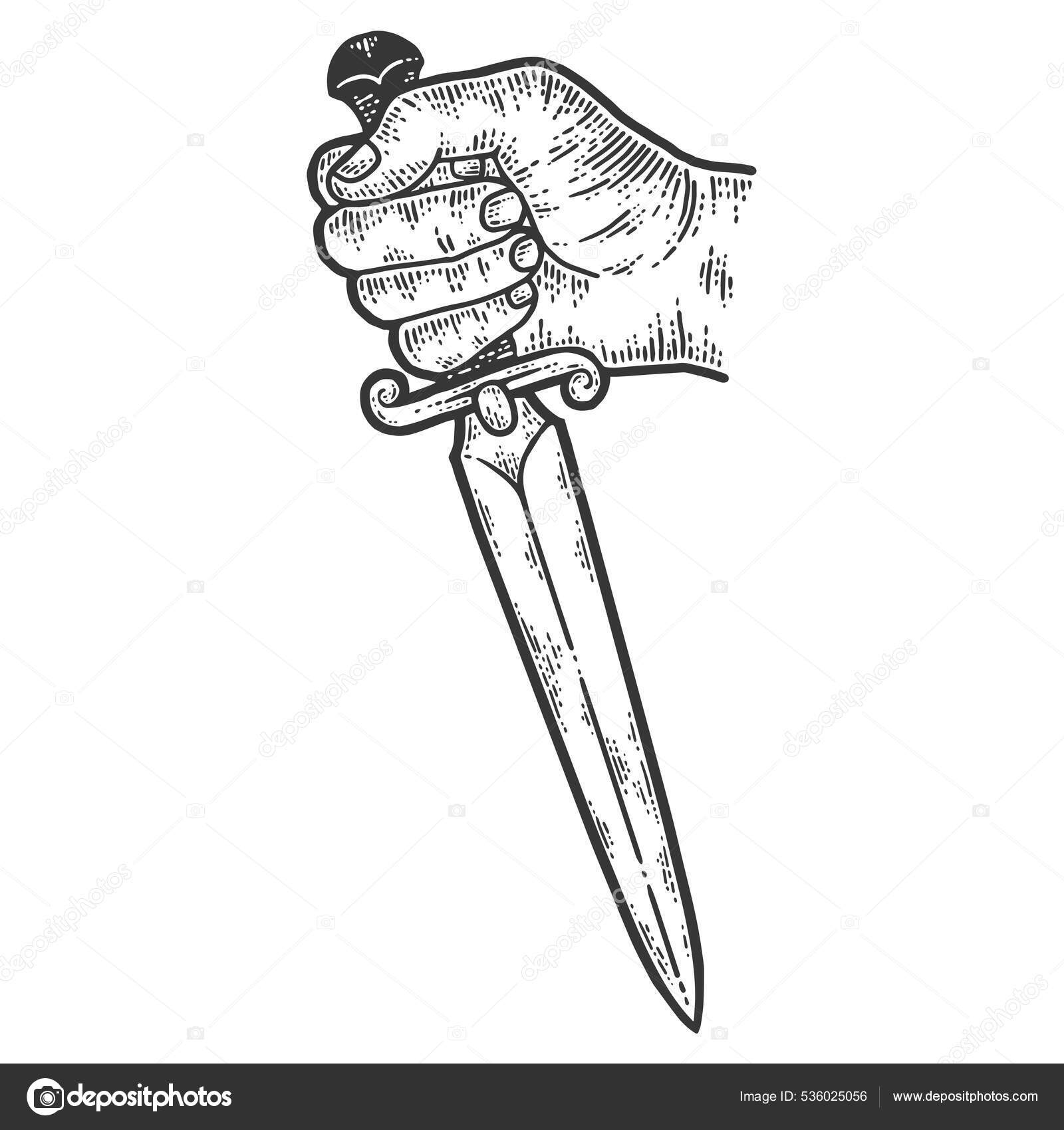 Hand holding a dagger. Sketch scratch board imitation. Black and white ...