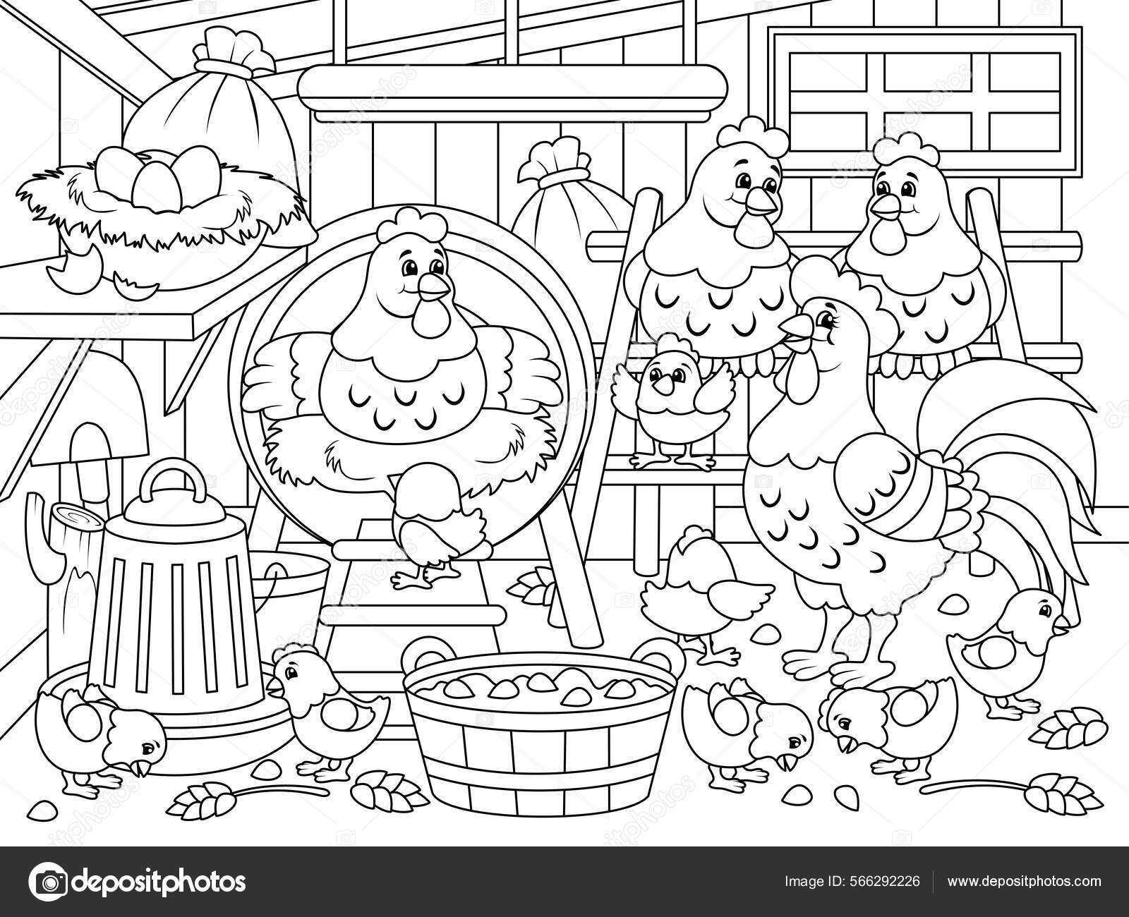 Agricultural premises, chicken coop. Farm bird, chicken family. Raster ...