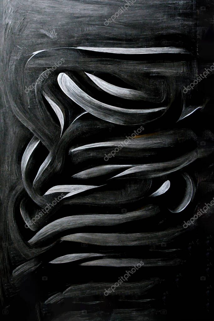 Una pintura abstracta, formas entrelazadas sobre un fondo negro ...