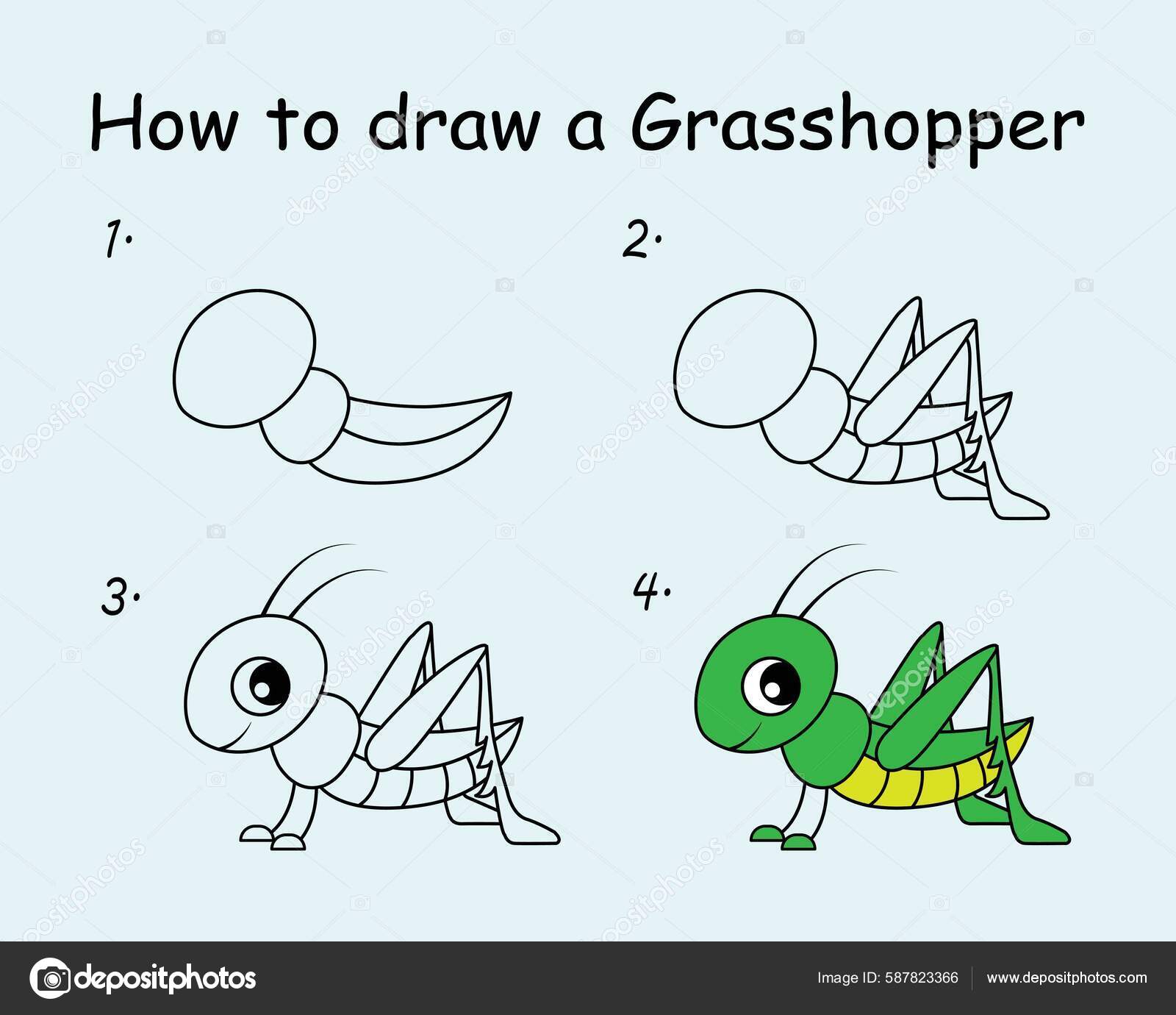 Step Step Draw Grasshopper Drawing Tutorial Grasshopper Drawing Lesson ...