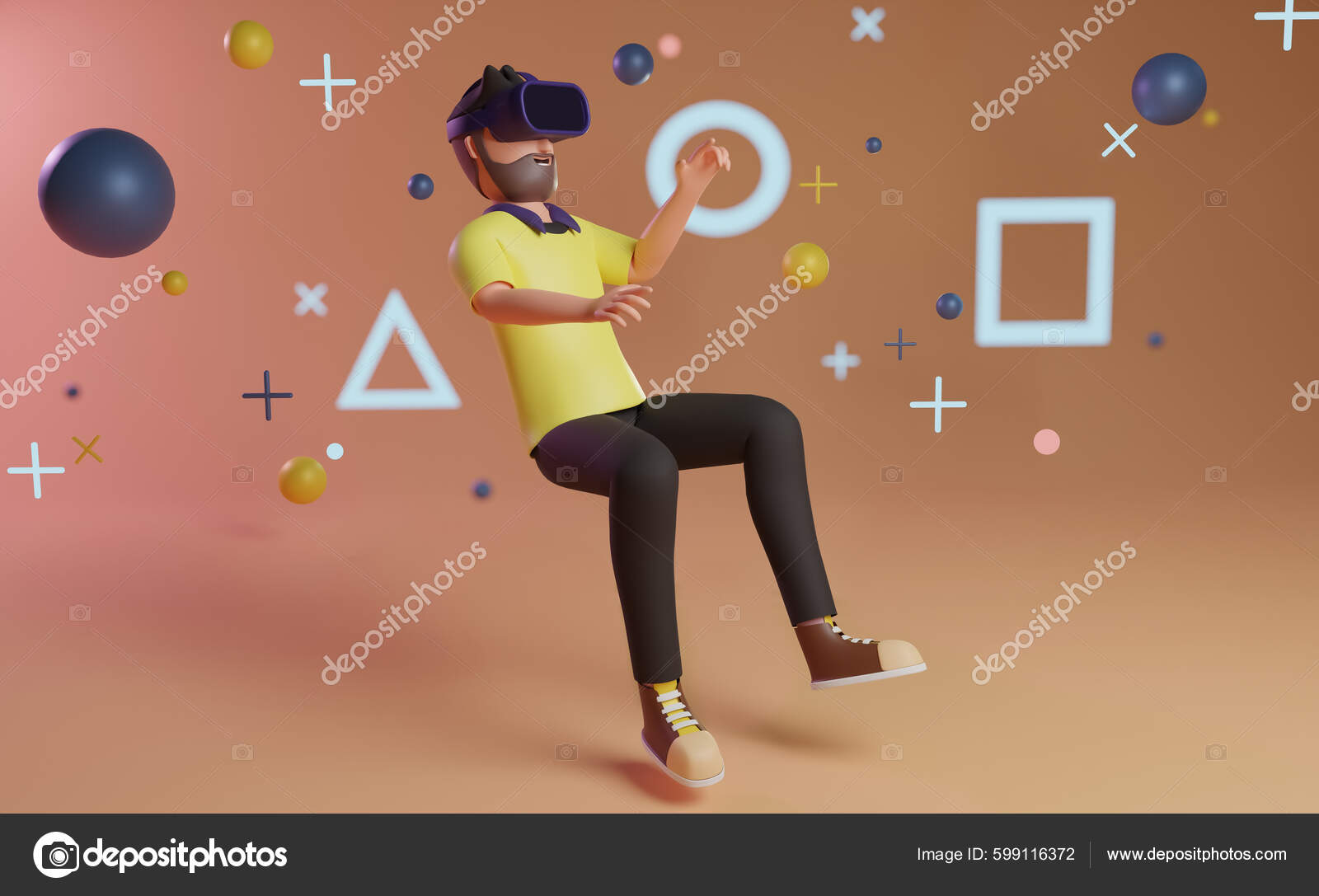 Cartoon Character Men Floating Air Playing Video Game Glasses Concept ...