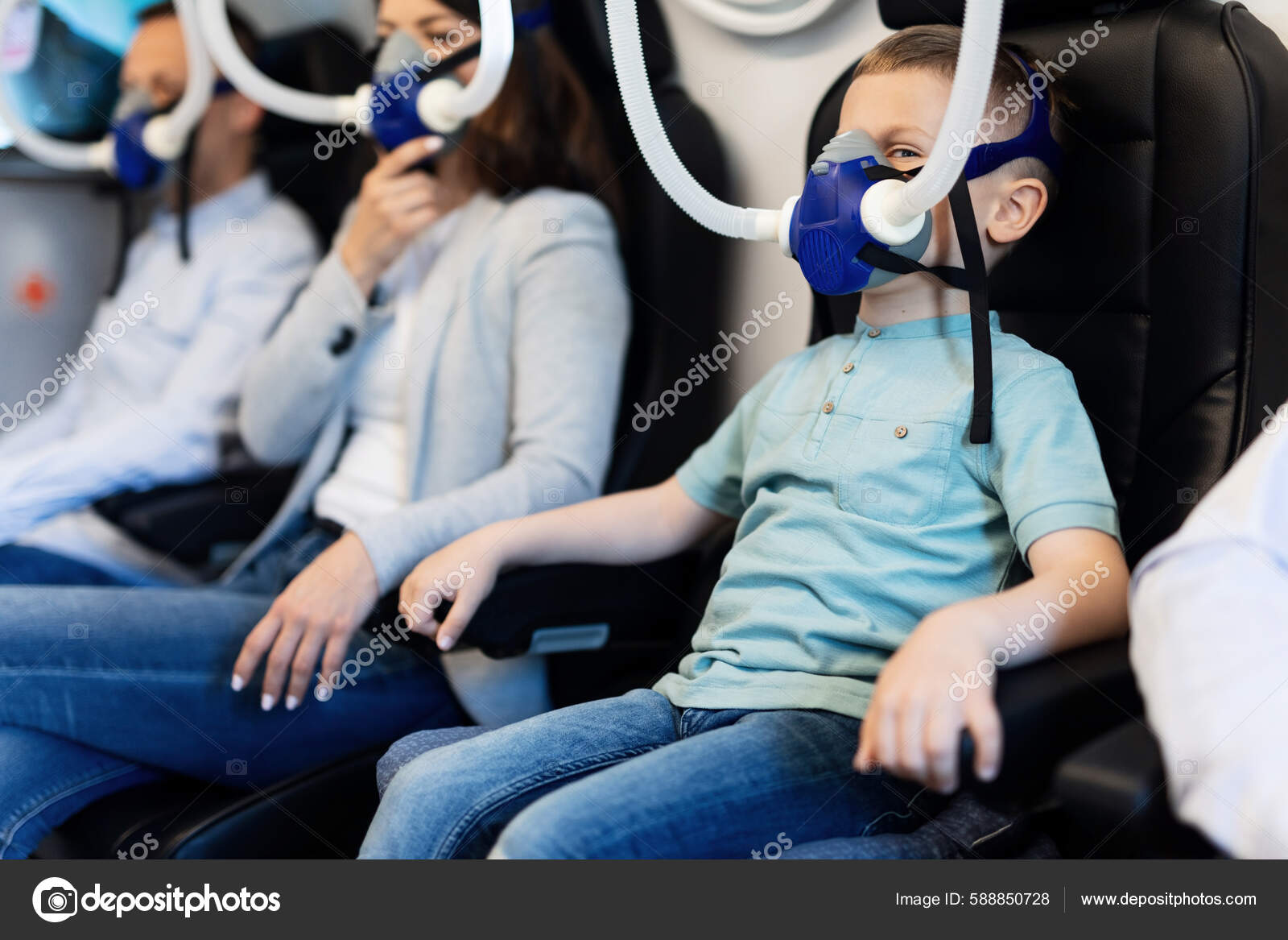 Family Having Therapy Hyperbaric Chamber Breathing Oxygen Masks Focus ...