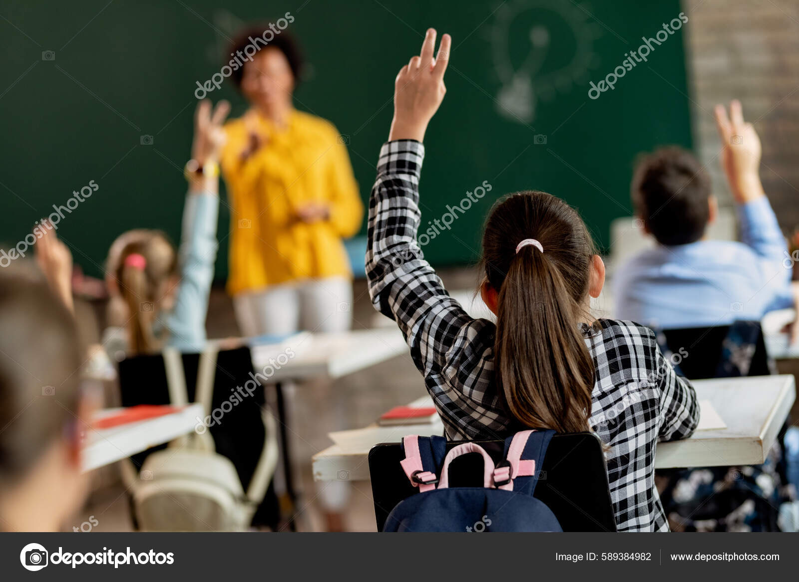 Back View Elementary Student Raising Arm Order Answer Questing Class ...