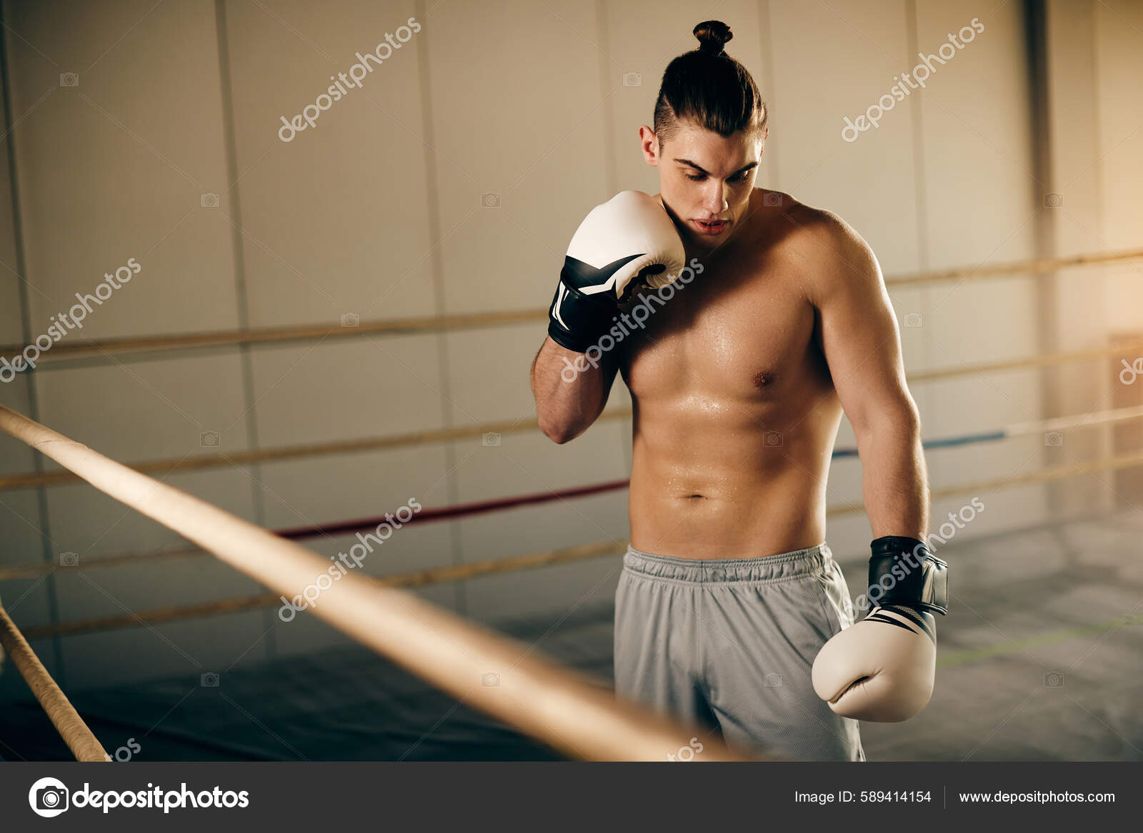 Young Shirtless Boxer Standing Boxing Ring While Working Out Gym Stock ...