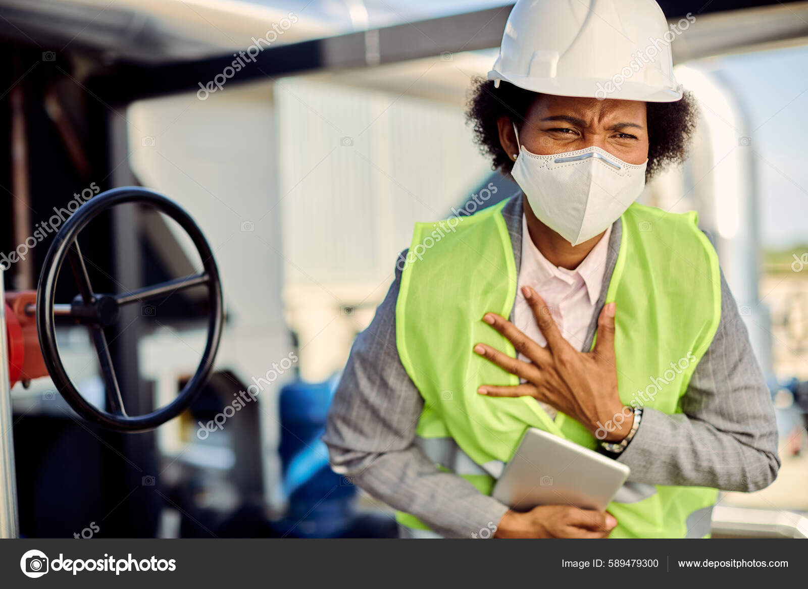 Black Civil Engineer Feeling Sick Holding Her Chest Pain While Stock ...