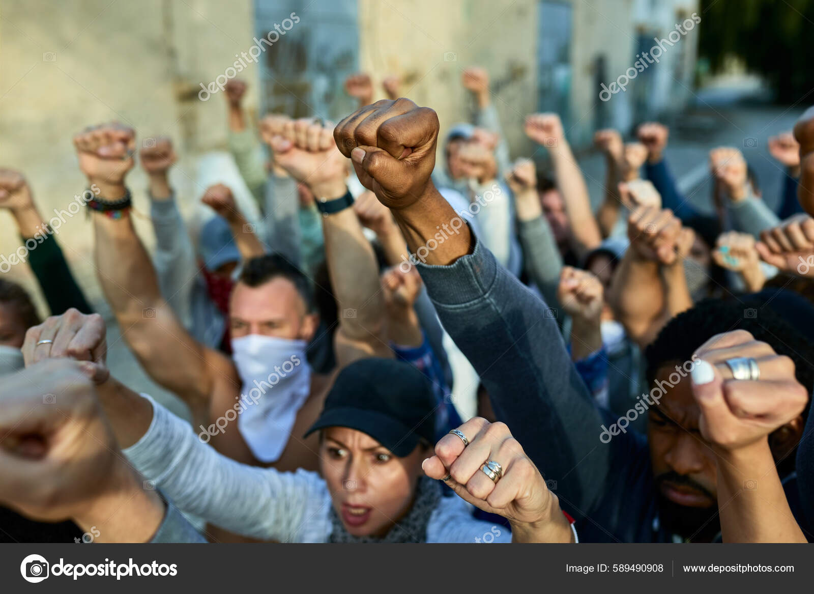 Crowd People Raised Firsts Protesting Human Rights City Streets — Stock ...