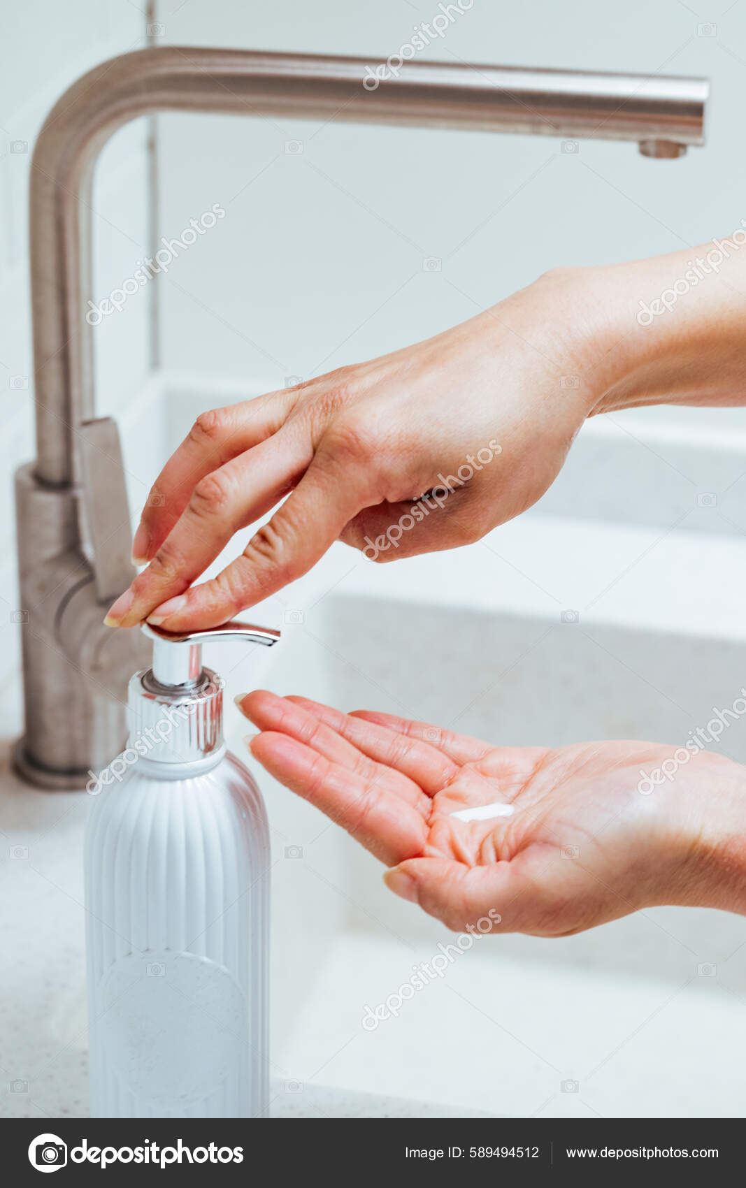 Close Woman Using Soap Dispenser While Washing Hands — Stock Photo ...