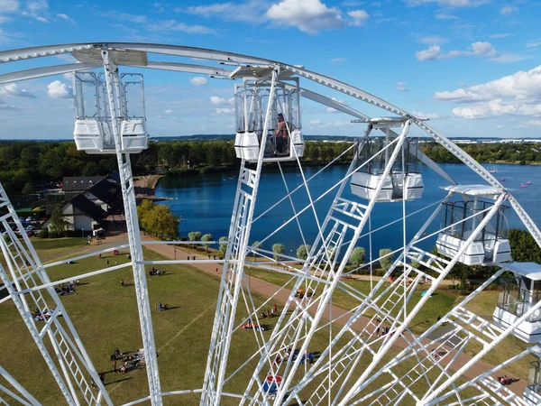 High Angle Footage of Willen Lake, Water Sports and Public Park of ...