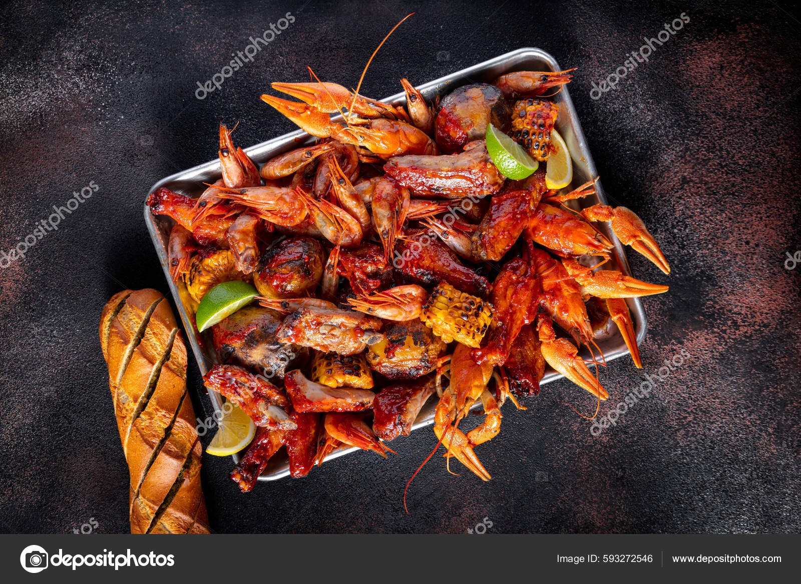 Boiled Shrimp Rabi Fried Pork Ribs Corn Lemon Lime Lying Stock Photo by ...