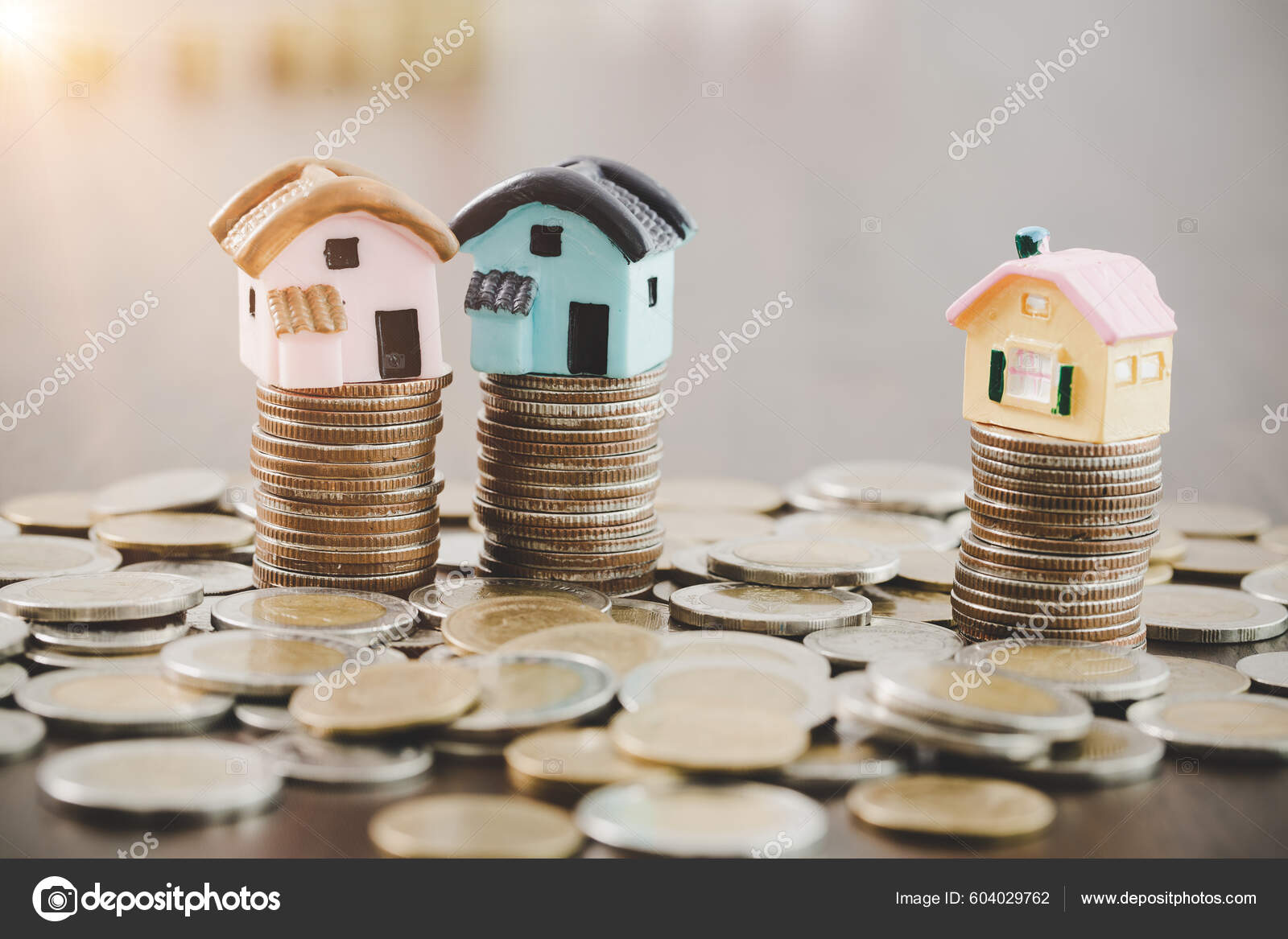 House Model Money Coins Stacks Blur Table Background Savings Plans ...