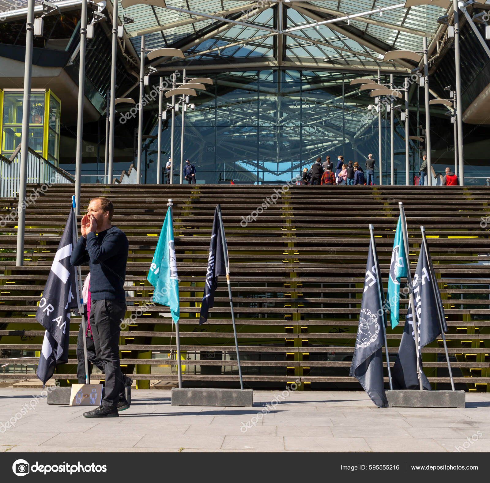 Protester Shouting Steps Antwerp Courthouse Flags Leaning Stairs ...