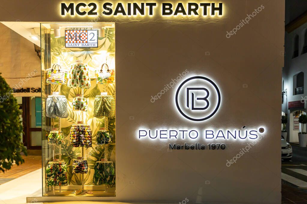 Marbella, SPAIN - July 16 2020: Puerto Banus sign , illuminated at ...