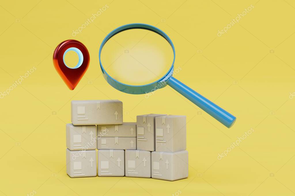 Ver direcciones de envío. jps punto, lupa y paquete sobre un fondo ...