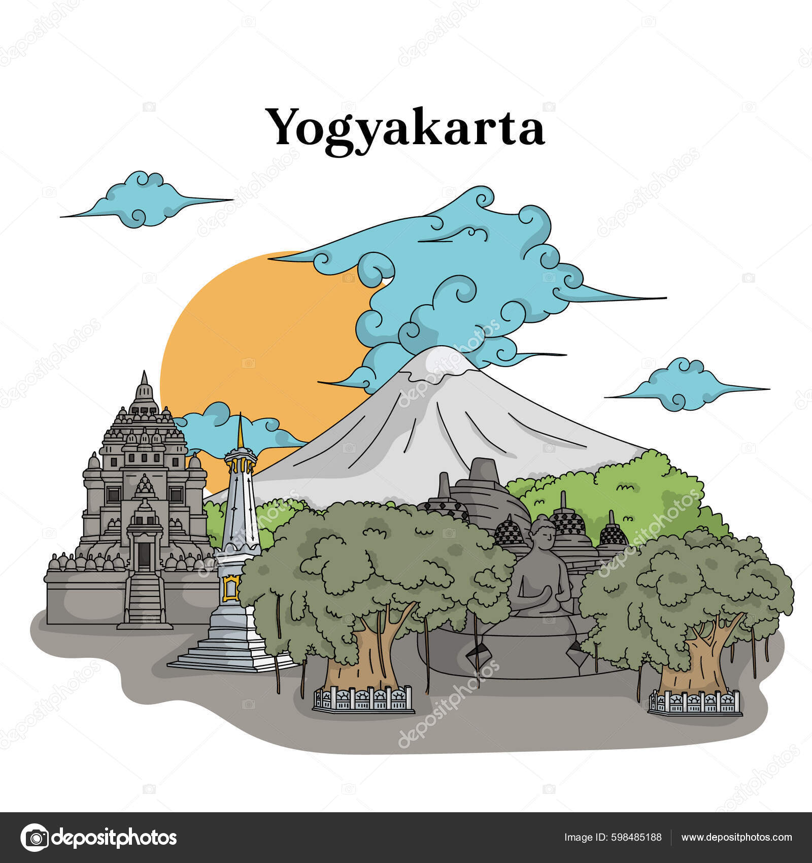 Illustration Yogyakarta Landmark Hand Drawn Indonesian Illustration ...