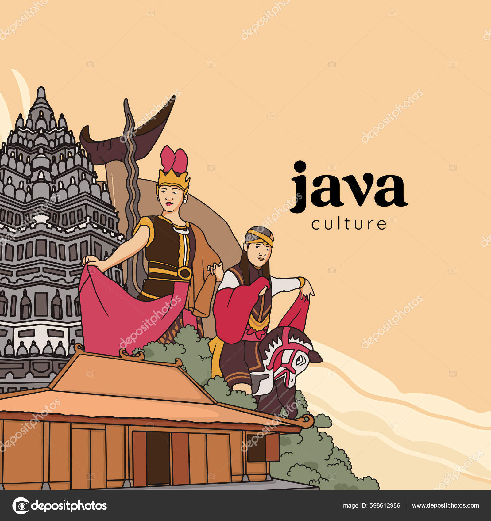 Set Javanese Illustration Hand Drawn Indonesian Cultures Background ...