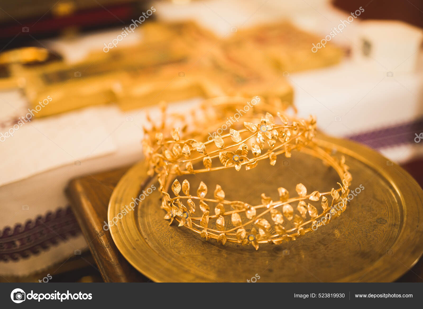 Golden crowns lying on the table in church Stock Photo by ©olegparylyak ...