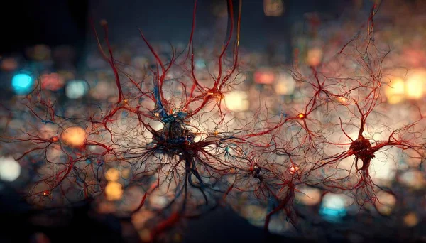 A 3D illustration of a neuron connecting to each other and had a gold light inside the human ...