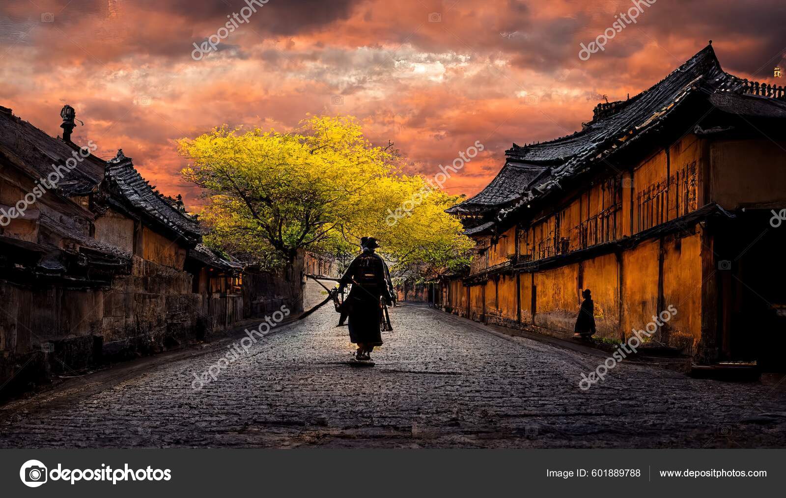 Illustration Samurai Warrior Walking Road Japanese Village Cloud ...
